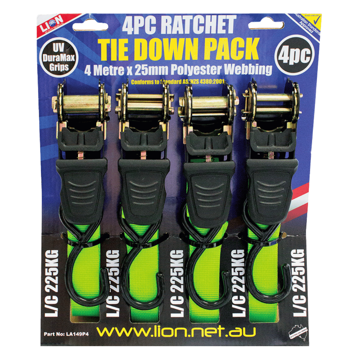 Lion Retractable Ratchet Tie Down 4M x 25mm 4 Pack Green LA149P4 ...
