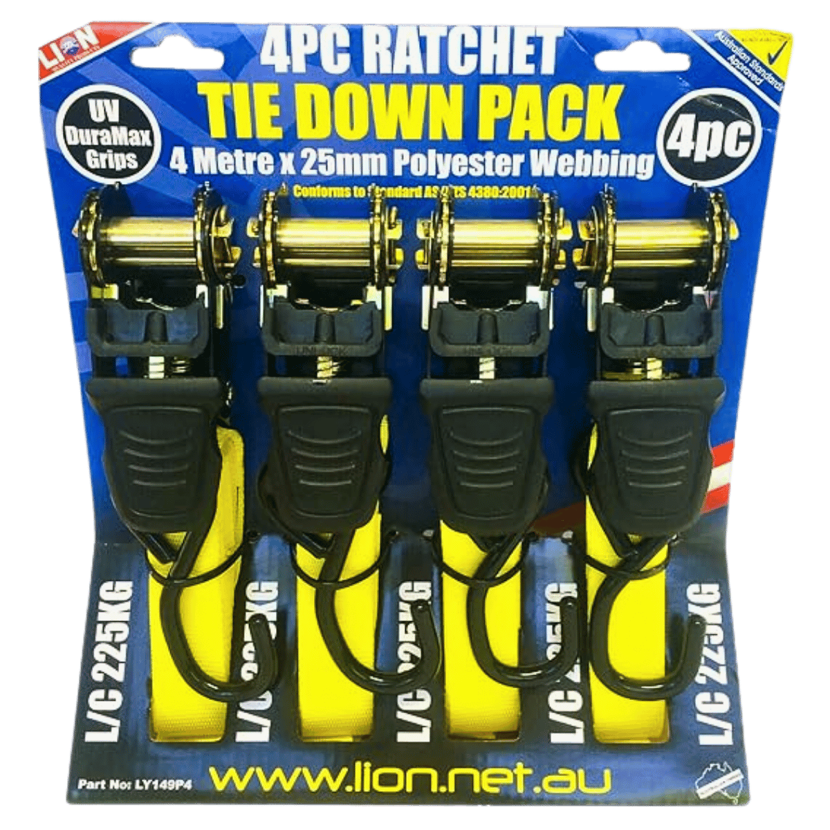 Lion Retractable Ratchet Tie Down 4M x 25mm 4 Pack LY149P4 | AutoMegaStore