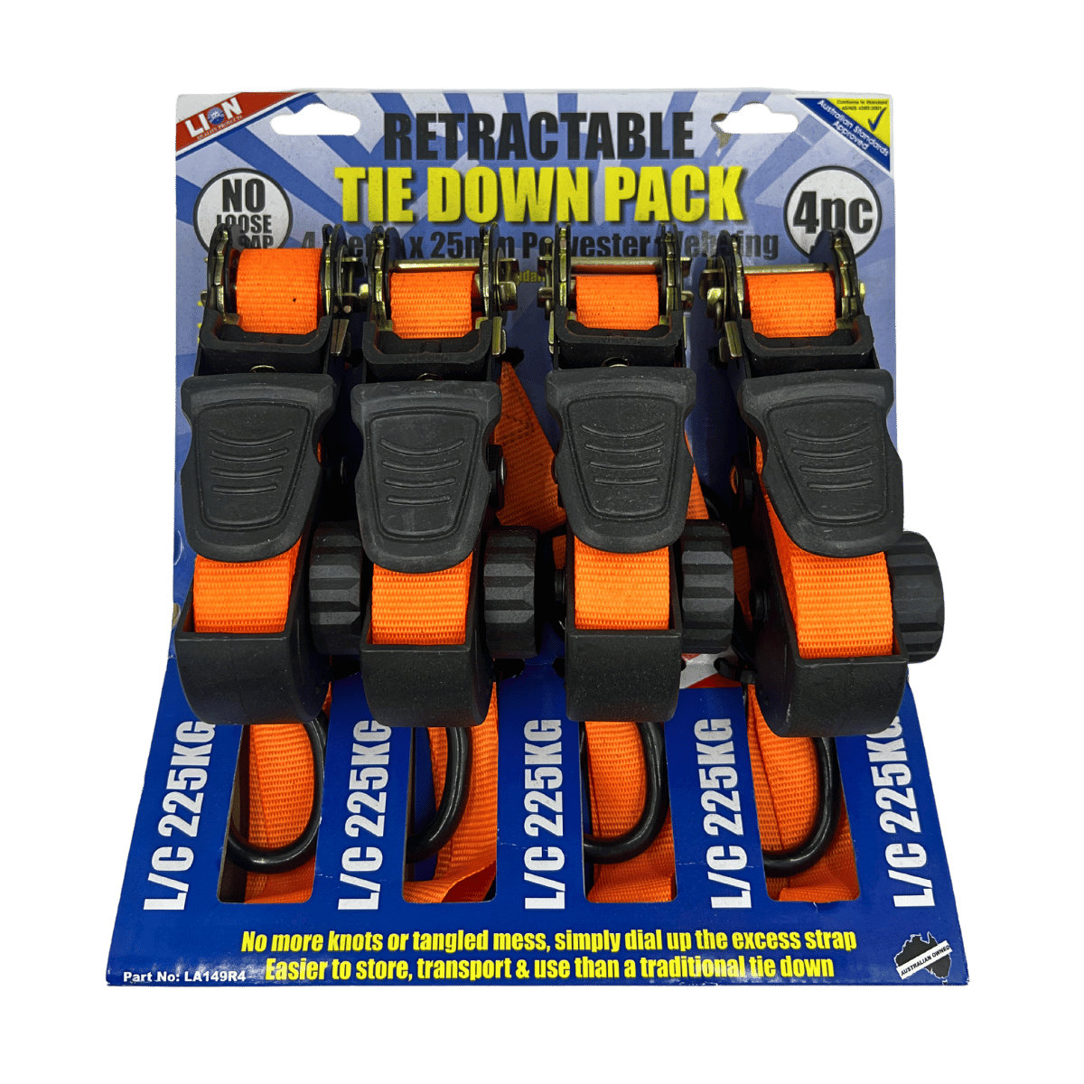 Lion Retractable Ratchet Tie Down 4M 225kg- 4 Pack LA149R4 | AutoMegaStore